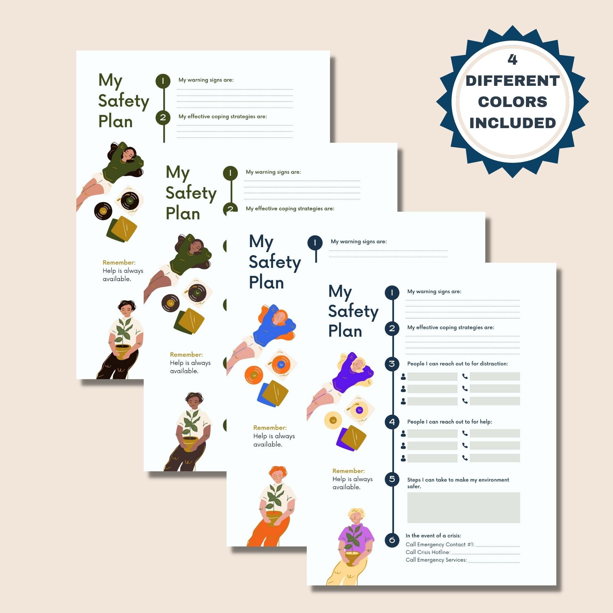 Safety Plan Safety Planner Printable Mental Health Self Help Emergency ...