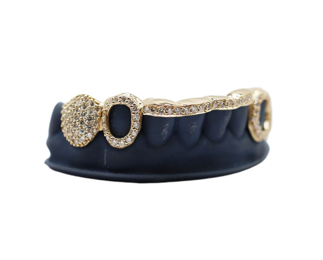 Bottom 8 Diamond Bridge Grillz W Diamond Open Face Fangs and Diamond ...