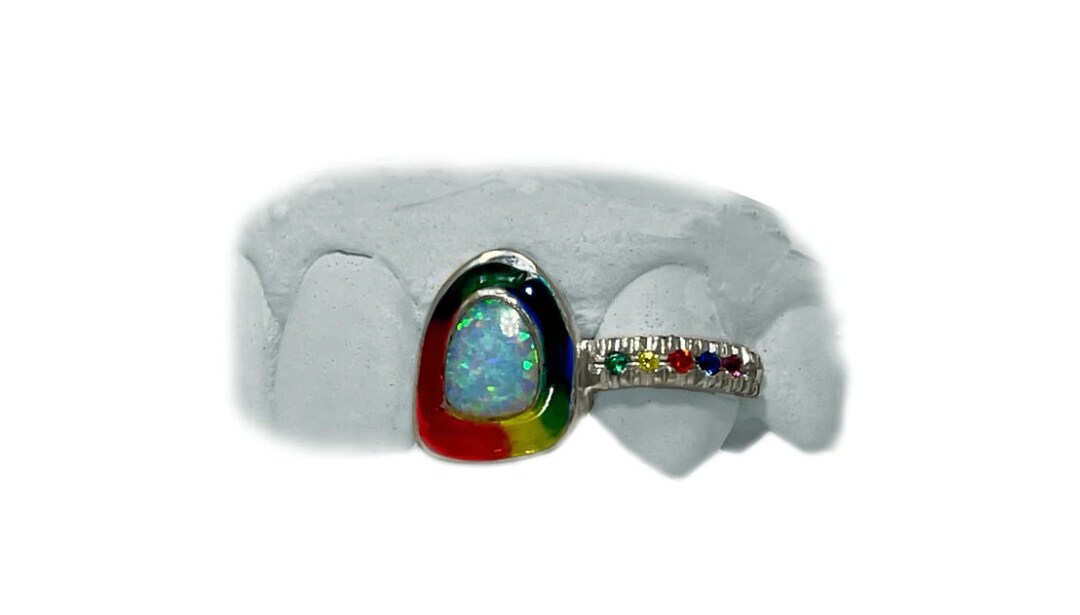 Opal Tooth W Enamel Halo Grillz & Colored Sapphire Bar on Fang - Etsy