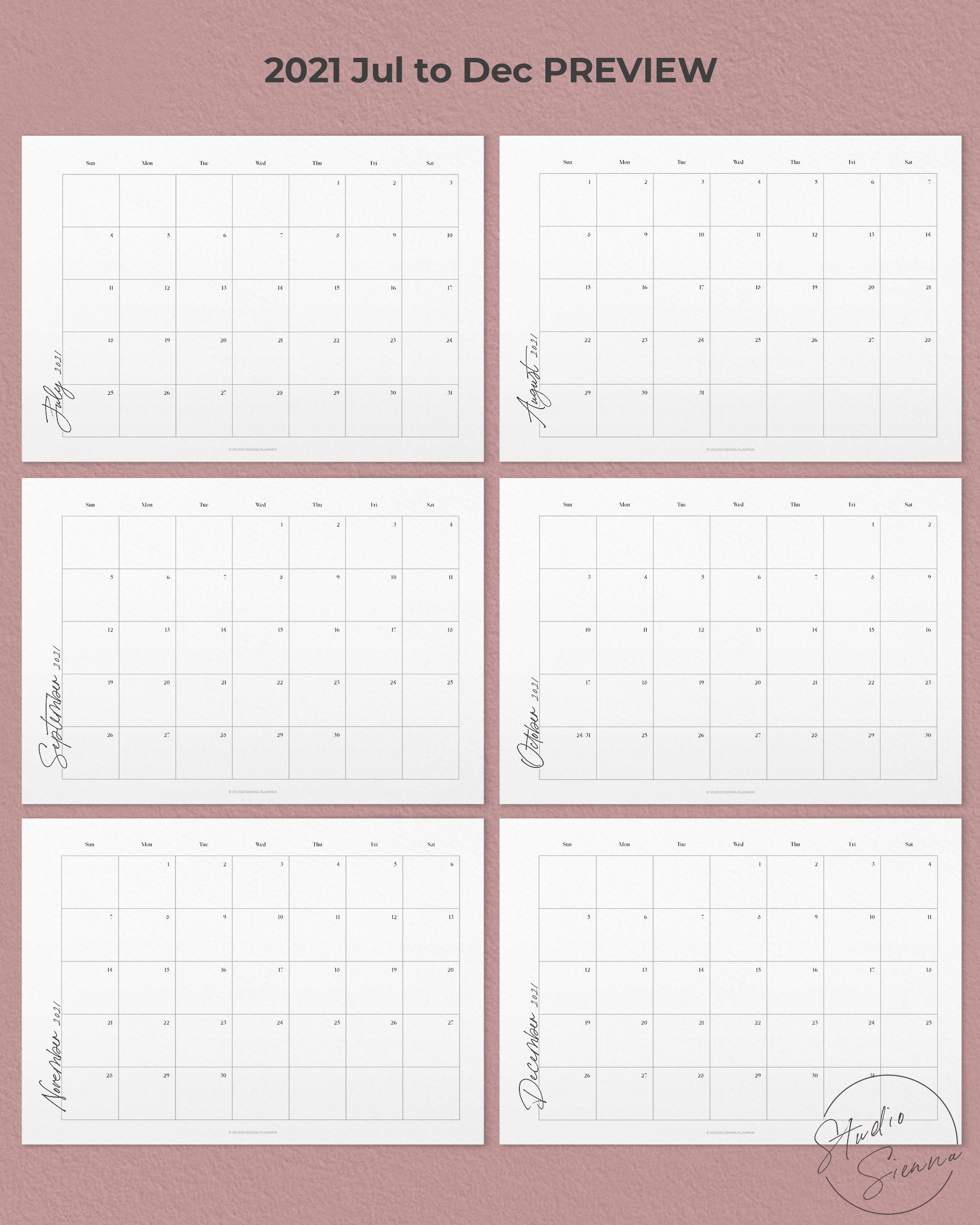 2021 & 2022 Classic Calendar Printable Bundle, Minimal Monthly Planner ...
