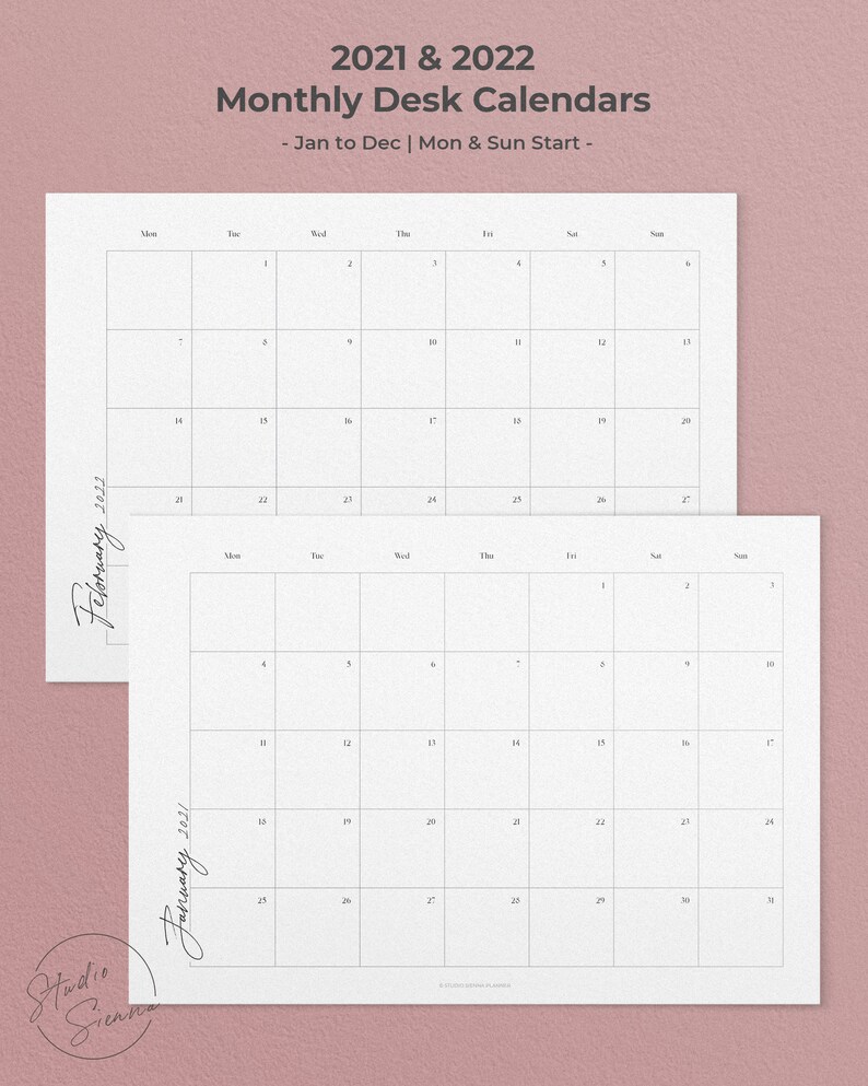 2021 & 2022 Classic Calendar Printable Bundle, Minimal Monthly Planner ...