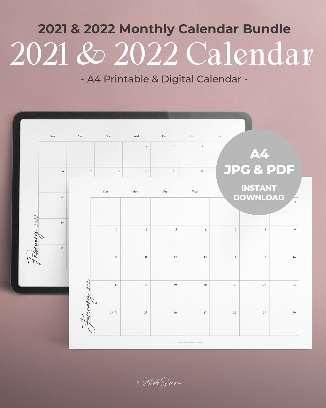 2021 & 2022 Classic Calendar Printable Bundle, Minimal Monthly Planner ...