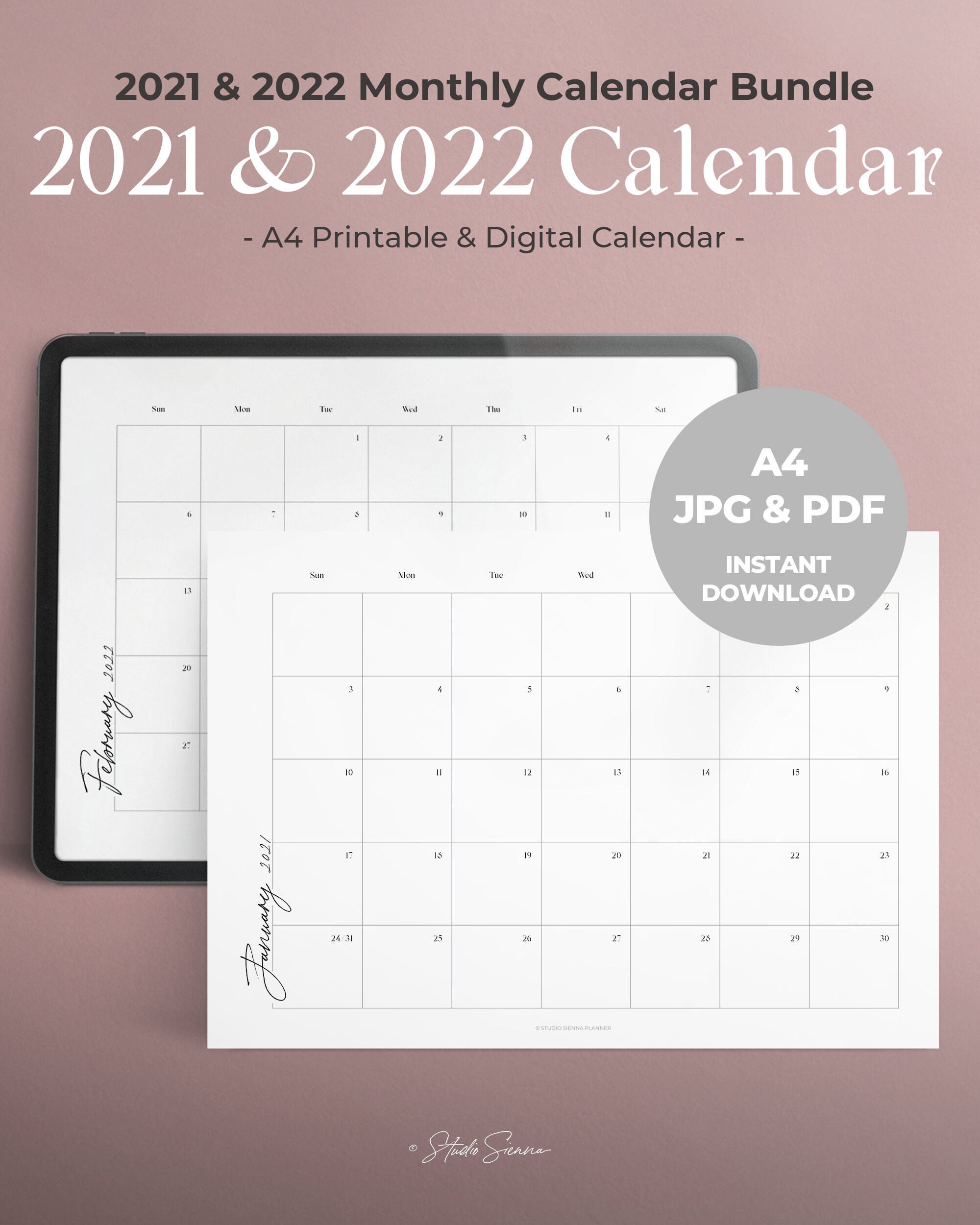 2021 & 2022 Classic Calendar Printable Bundle, Minimal Monthly Planner ...