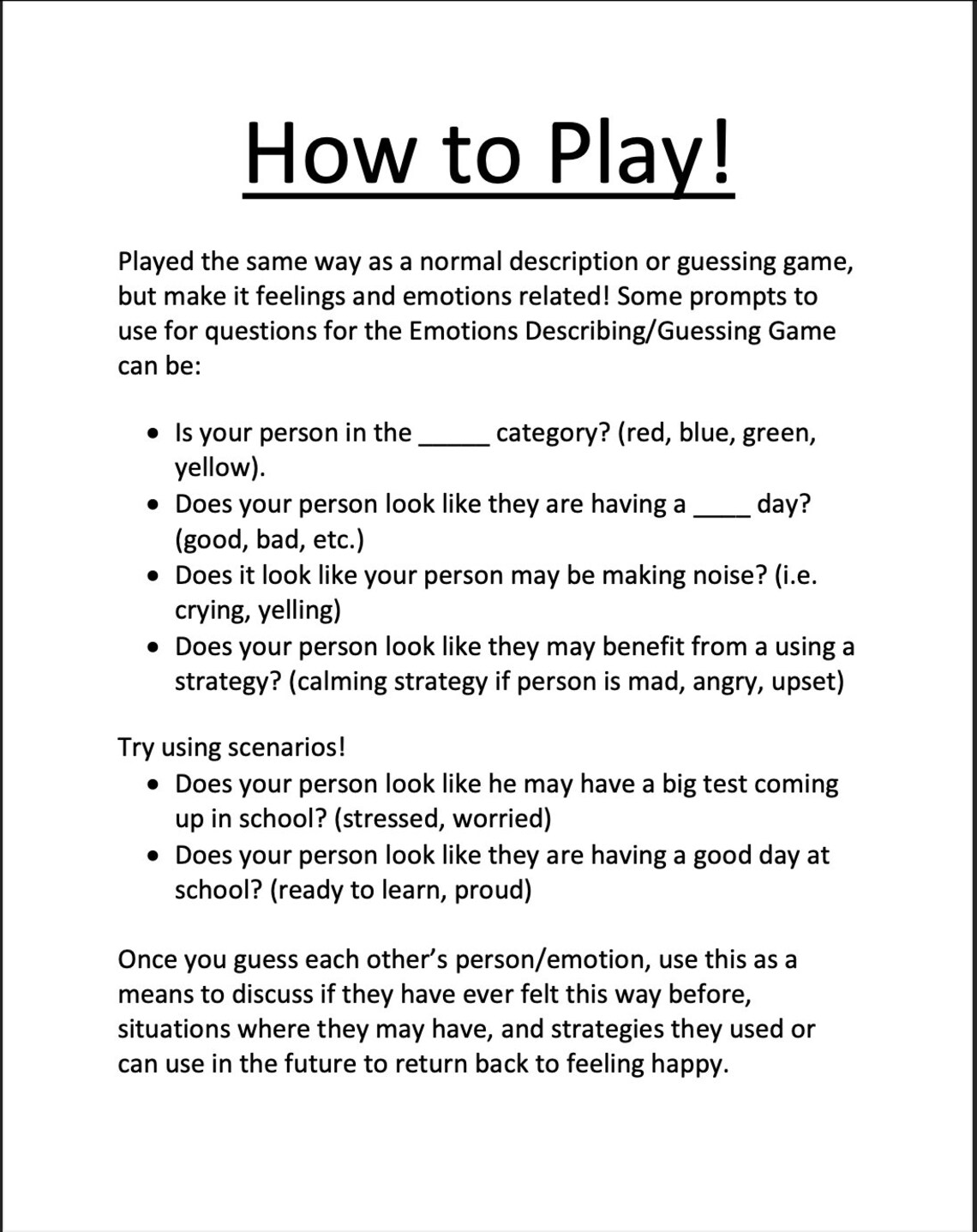 Emotions Describing/guessing Game Instructions - Etsy