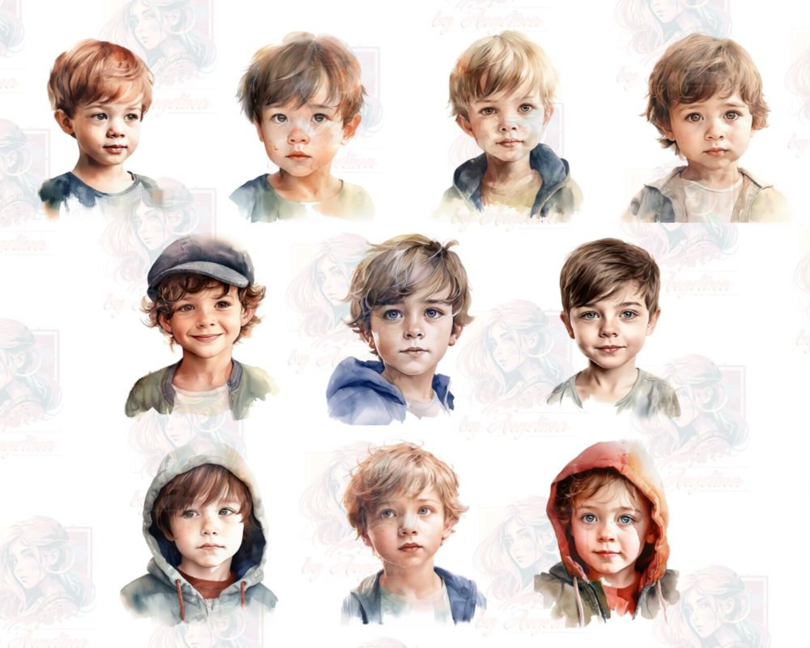 Child Girl and Boys Portrait Watercolor Clip Art 20 PNG Watercolor ...