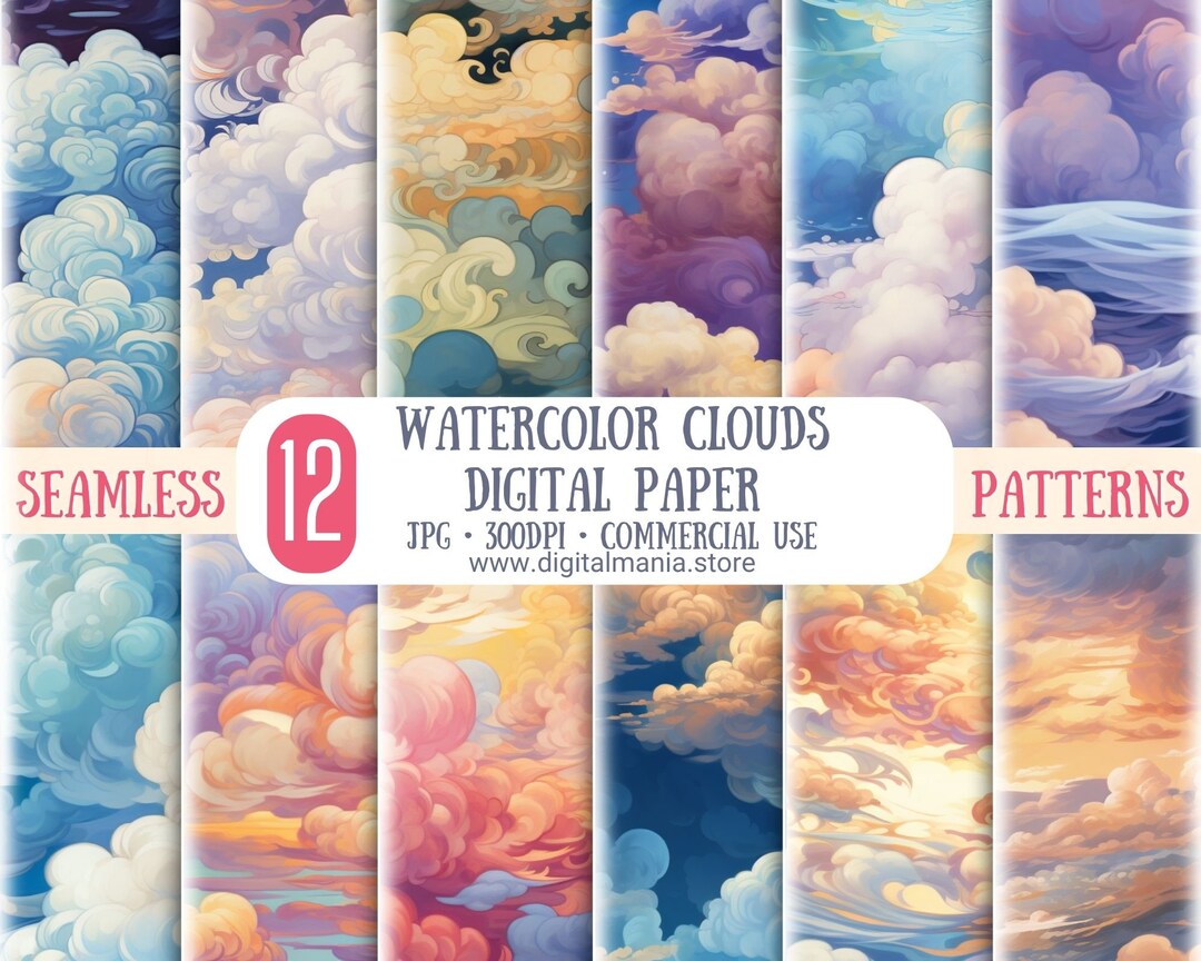 Watercolor Clouds Seamless Digital Paper - Clouds Digital Paper ...