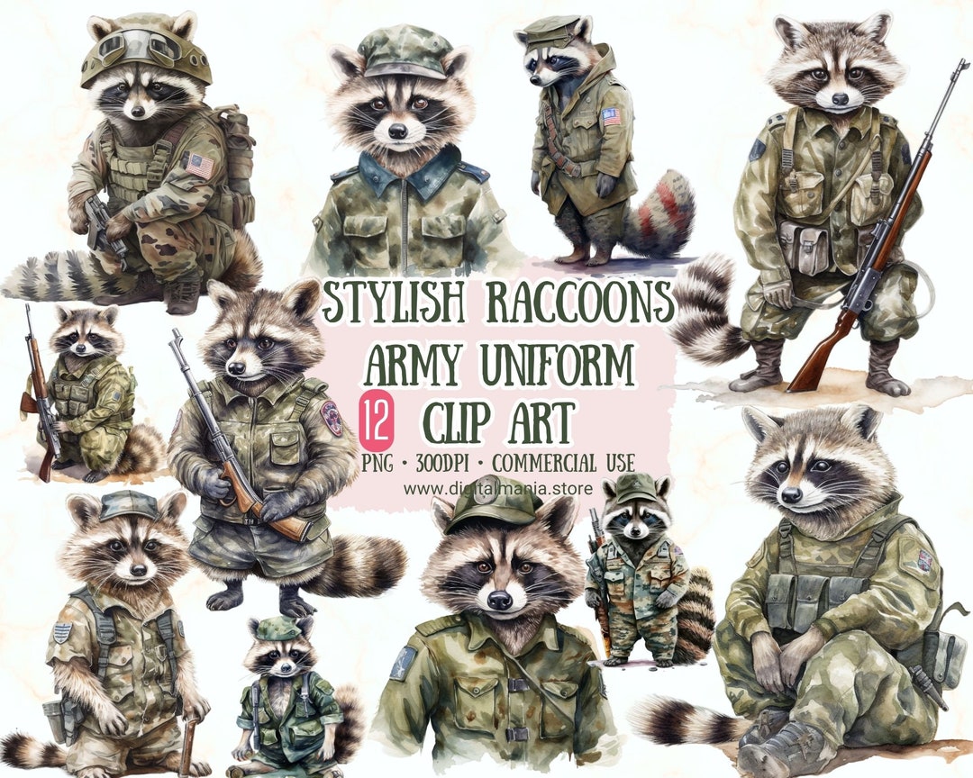 Stylish Raccoons in Army Uniform Clipart 12 PNG Raccoons - Etsy