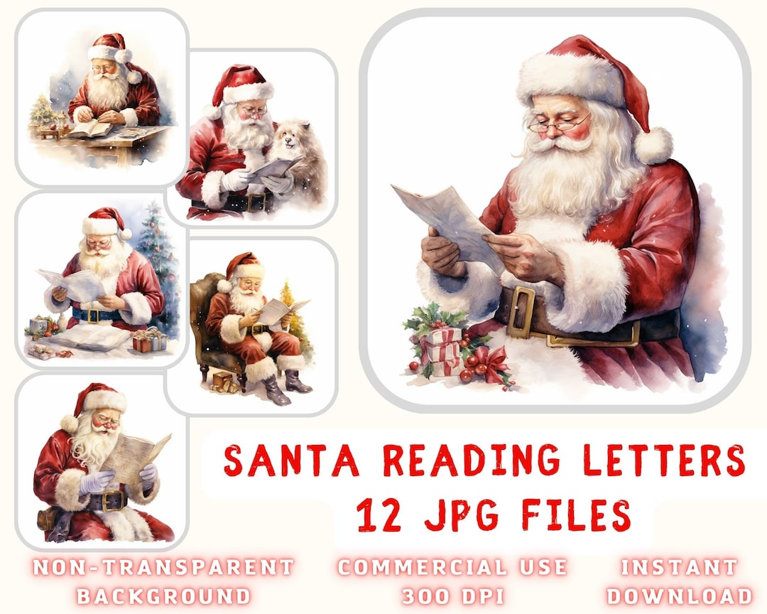 Santa Reading Letters Watercolor Clipart 12 JPG - Santa Claus Christmas ...