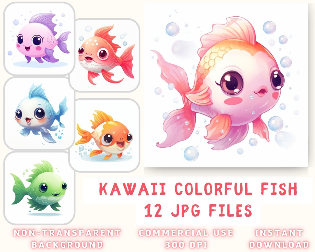 Kawaii Fish Watercolor Clipart 12 JPG Fish Clip Art Cartoon Fish Mix ...