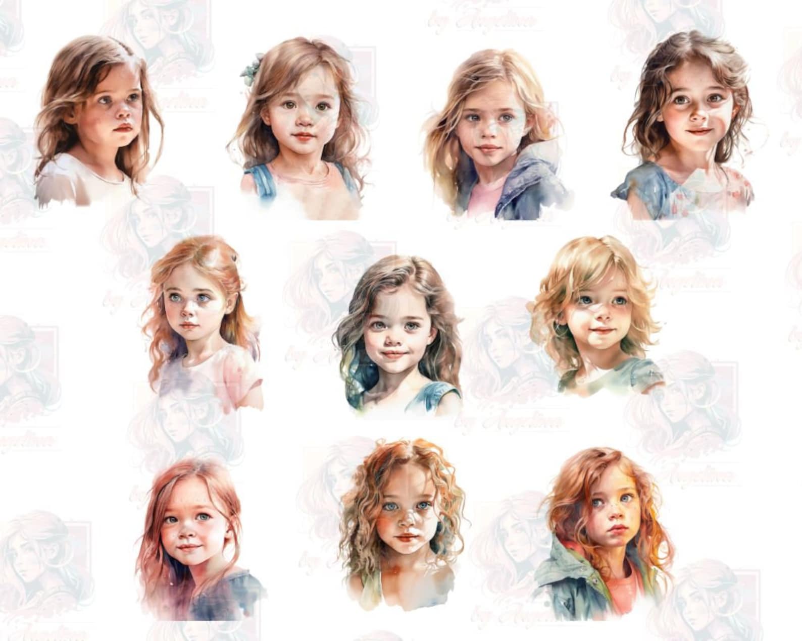Child Girl and Boys Portrait Watercolor Clip Art 20 PNG Watercolor ...