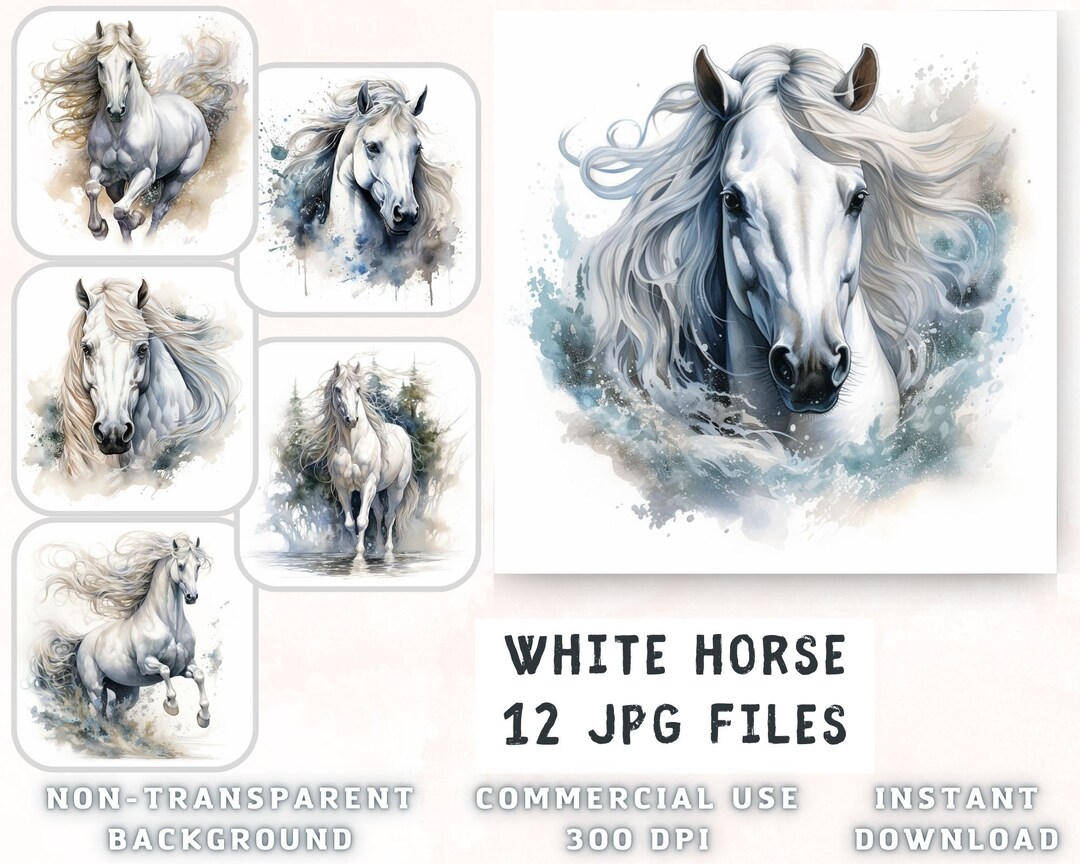 White Horses Watercolor Clip Art - Premium Quality 12 JPG - for Scrap ...