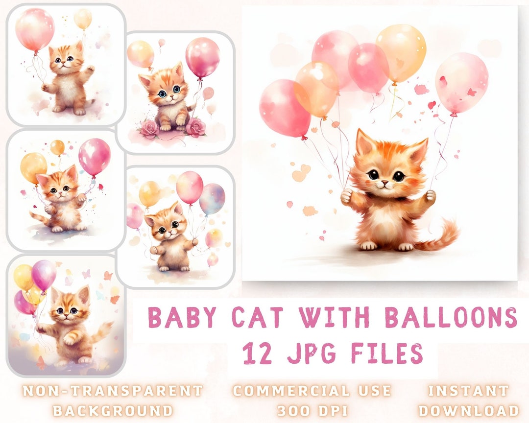 Cute Balloon Kittens Watercolor Clip Art Premium Quality 12 JPG for ...