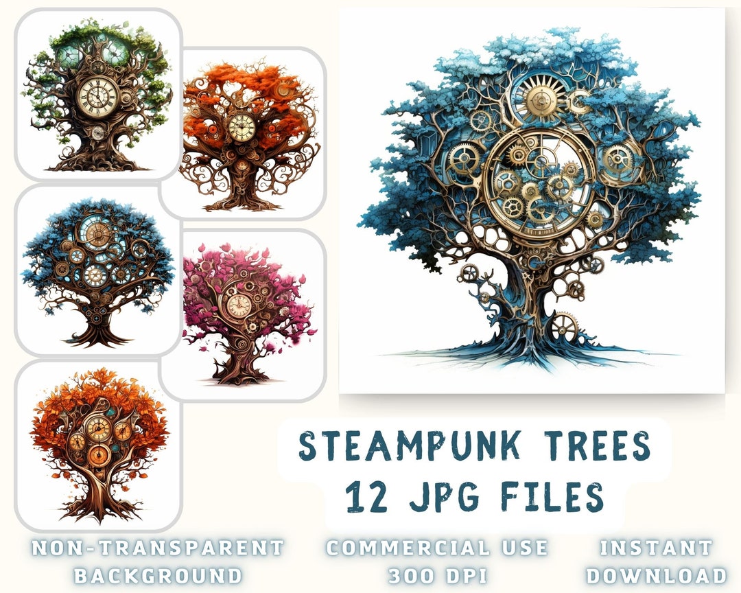 Steampunk Colorful Trees Watercolor Clip Art 12 JPG - Steampunk Clipart ...