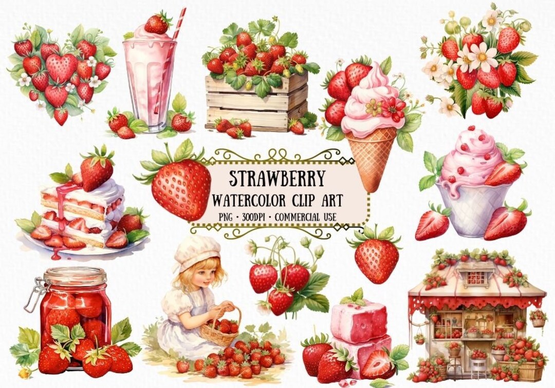 Watercolor Strawberry Clip Art 14 PNG Watercolor Fruit Illustrations ...