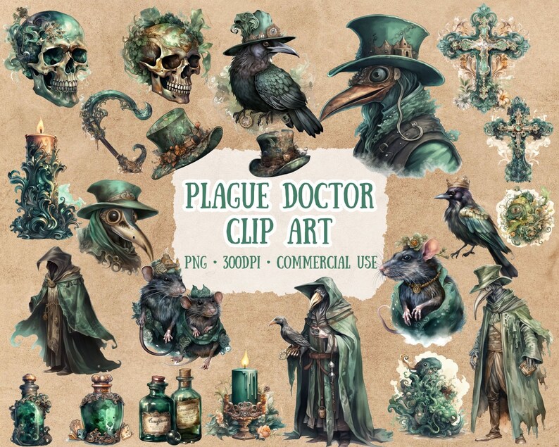 Watercolor Plague Doctor Clipart PNG - Plague Doctor Bundle, Skulls Png ...
