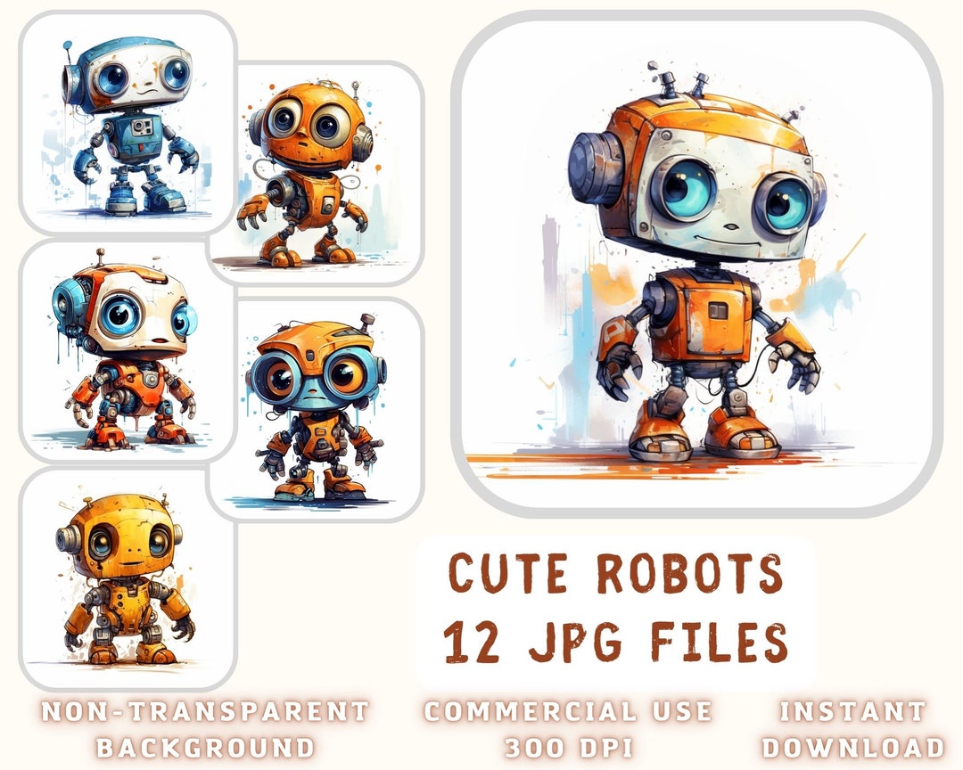 Cute Robots Watercolor Clipart 12 JPG - Cute Cyborg Illustration Mix ...