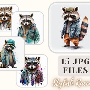Stylish Raccoons Clipart 15 JPG Files Funny Raccons Illustration ...