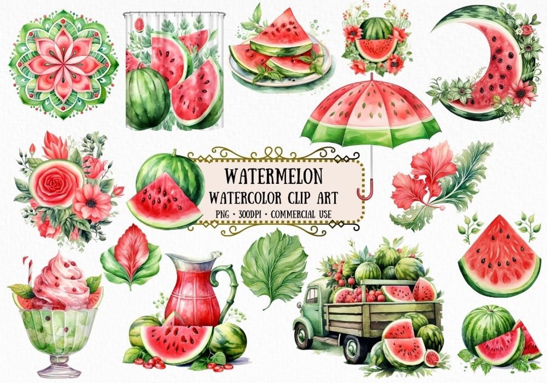 Watercolor Watermelon Clip Art - 16 PNG Watercolor Fruit Illustrations ...