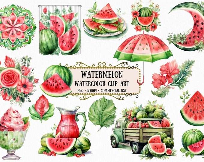 Watercolor Watermelon Clip Art - 16 PNG Watercolor Fruit Illustrations ...