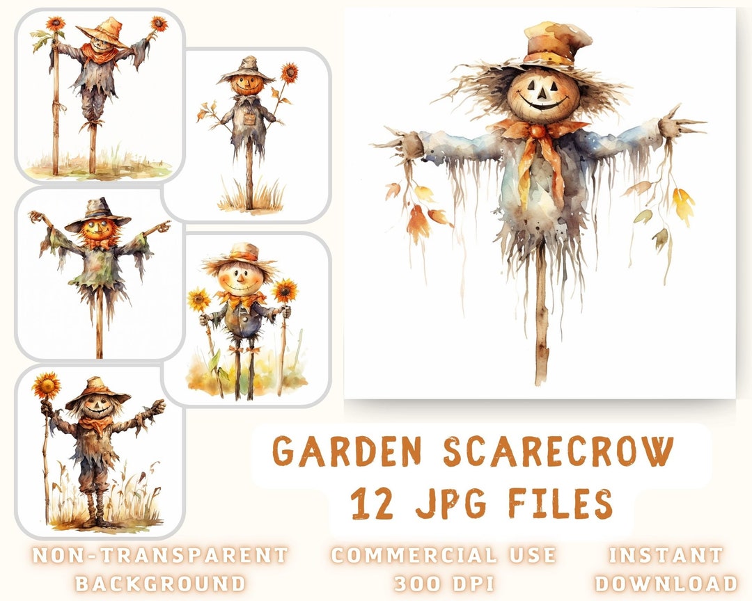 Garden Scarecrow Watercolor Clip Art 12 JPG - Garden Scarecrow Design ...