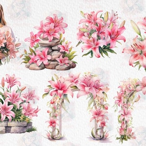 Watercolor Pink Lily Clip Art - 25 PNG Watercolor Flower Images Lilies ...