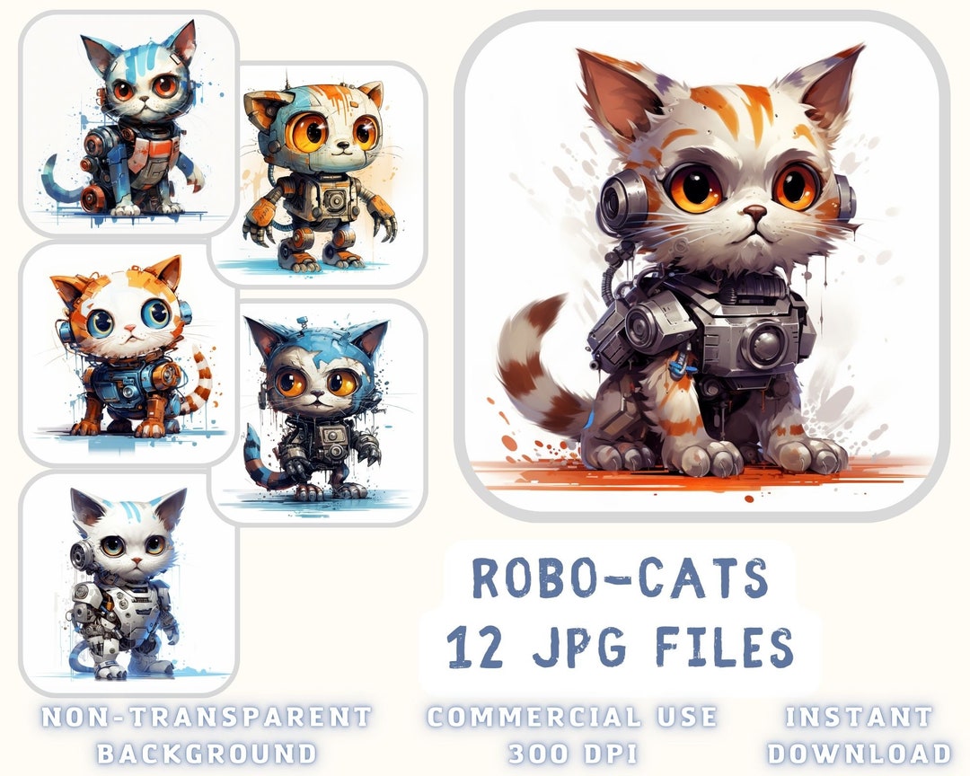 Cat Robots Watercolor Clipart 12 JPG Robo Cats Illustration Cats Mix ...
