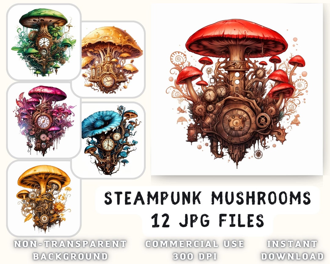 Steampunk Mushrooms Watercolor Clip Art 12 JPG Steampunk - Etsy