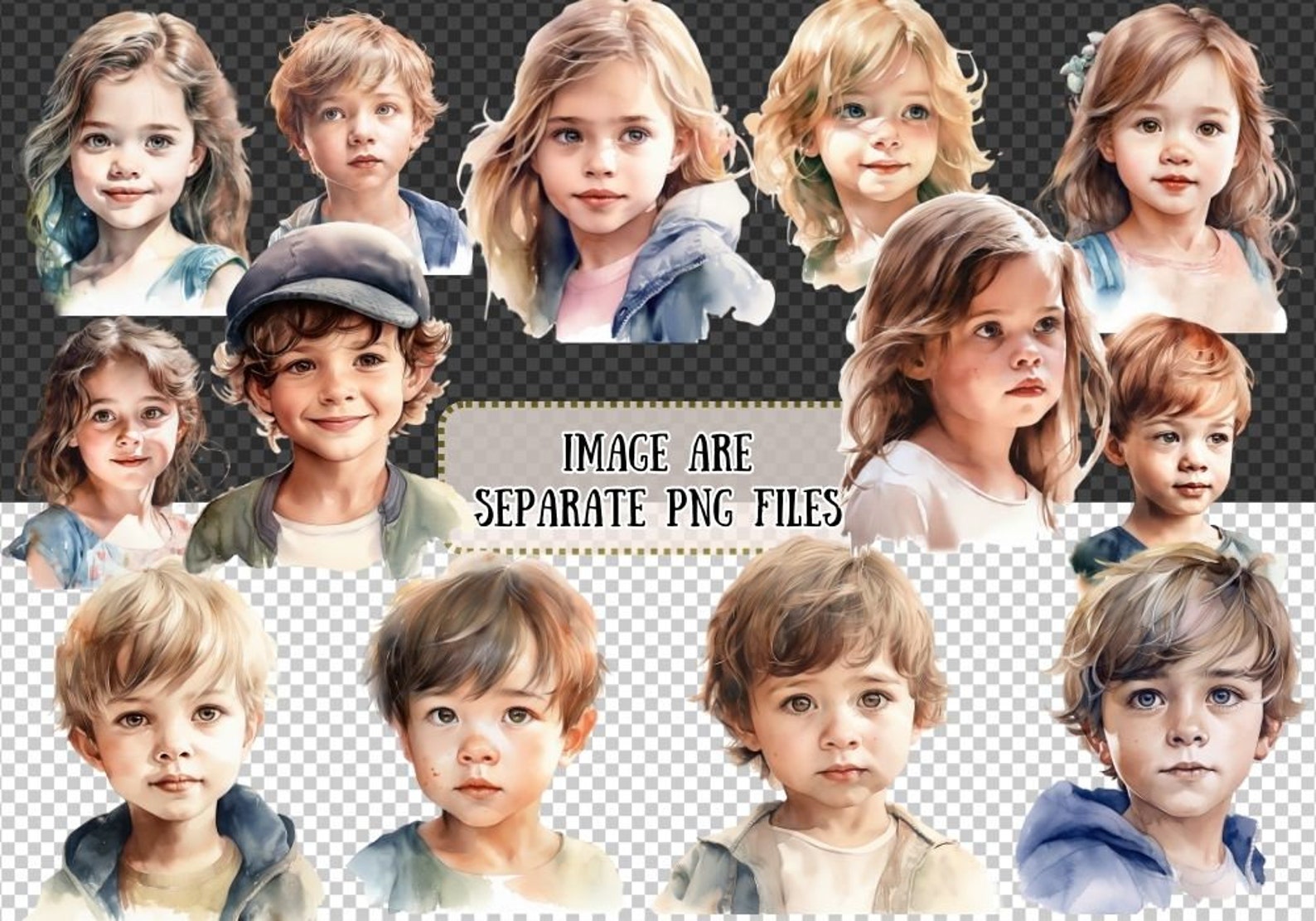 Child Girl and Boys Portrait Watercolor Clip Art 20 PNG Watercolor ...