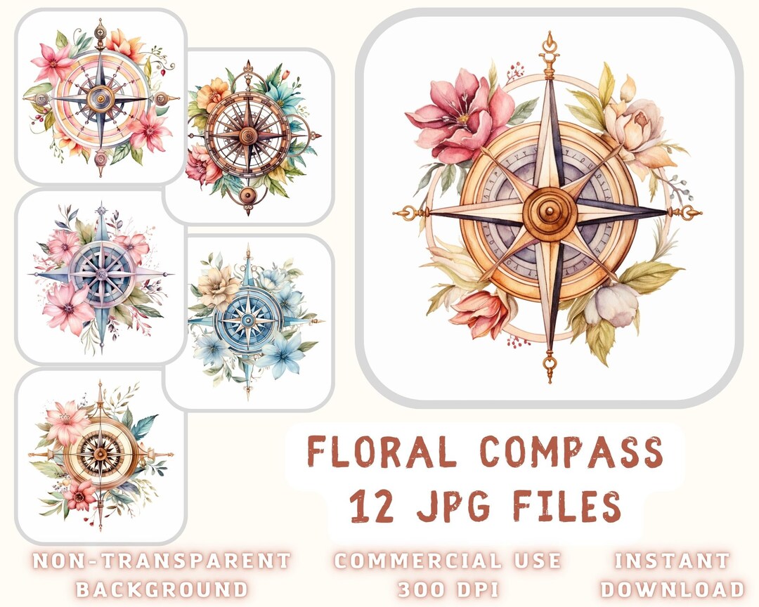 Floral Compass Watercolor Clipart 12 JPG - Compass Illustration Mix Art ...