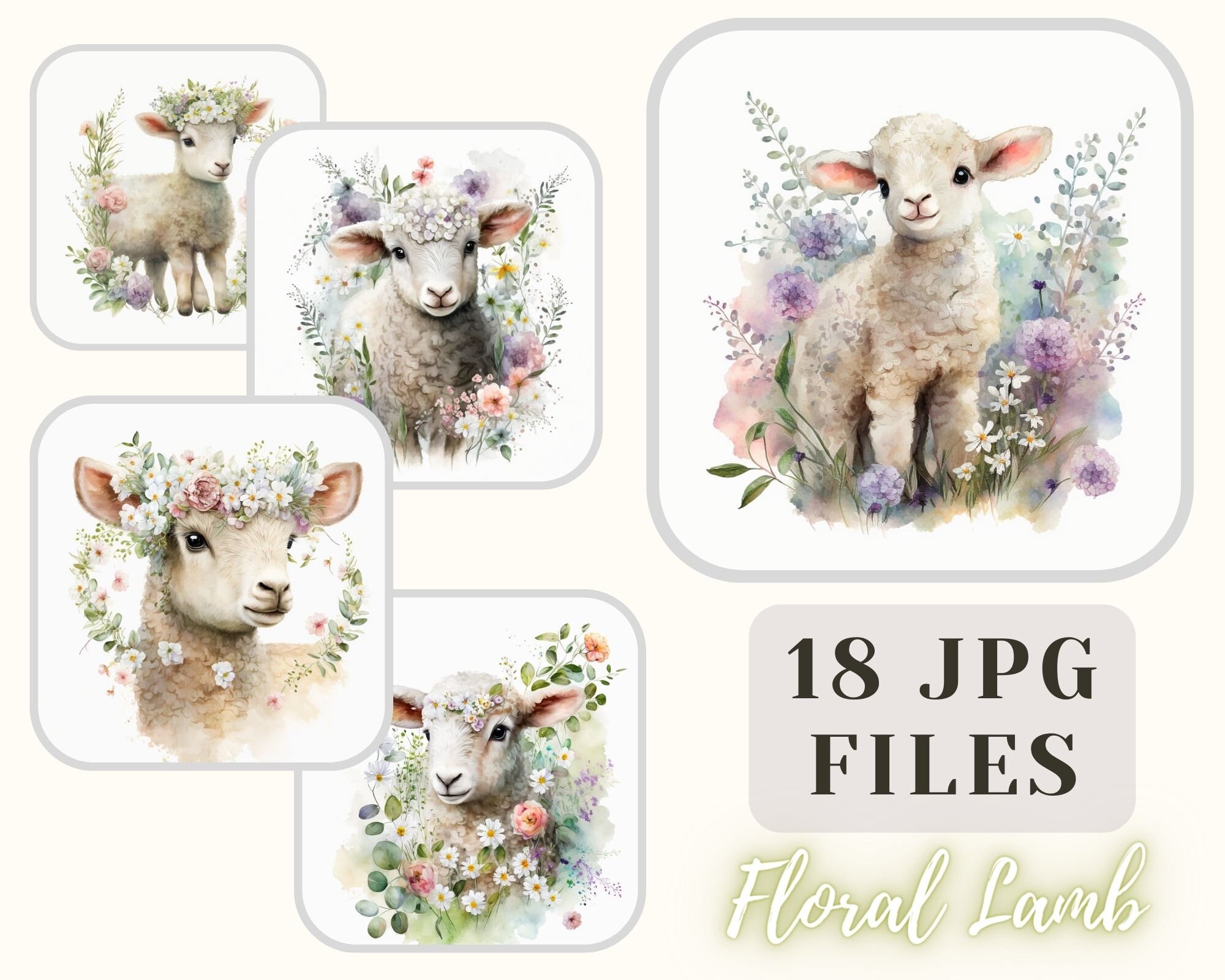 Floral Lamb Clipart Collection 18 JPG Files Lamb Illustration Cute ...