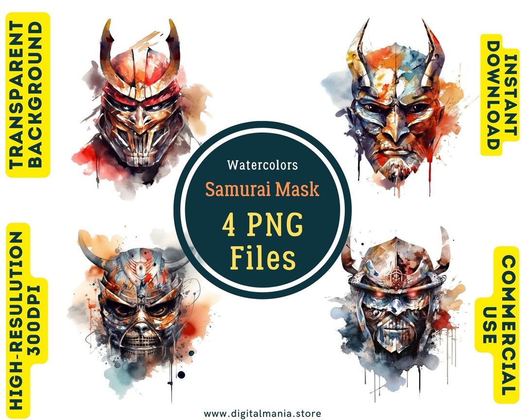 Watercolor Samurai Masks PNG - Transparent Background - Samurai Mask ...