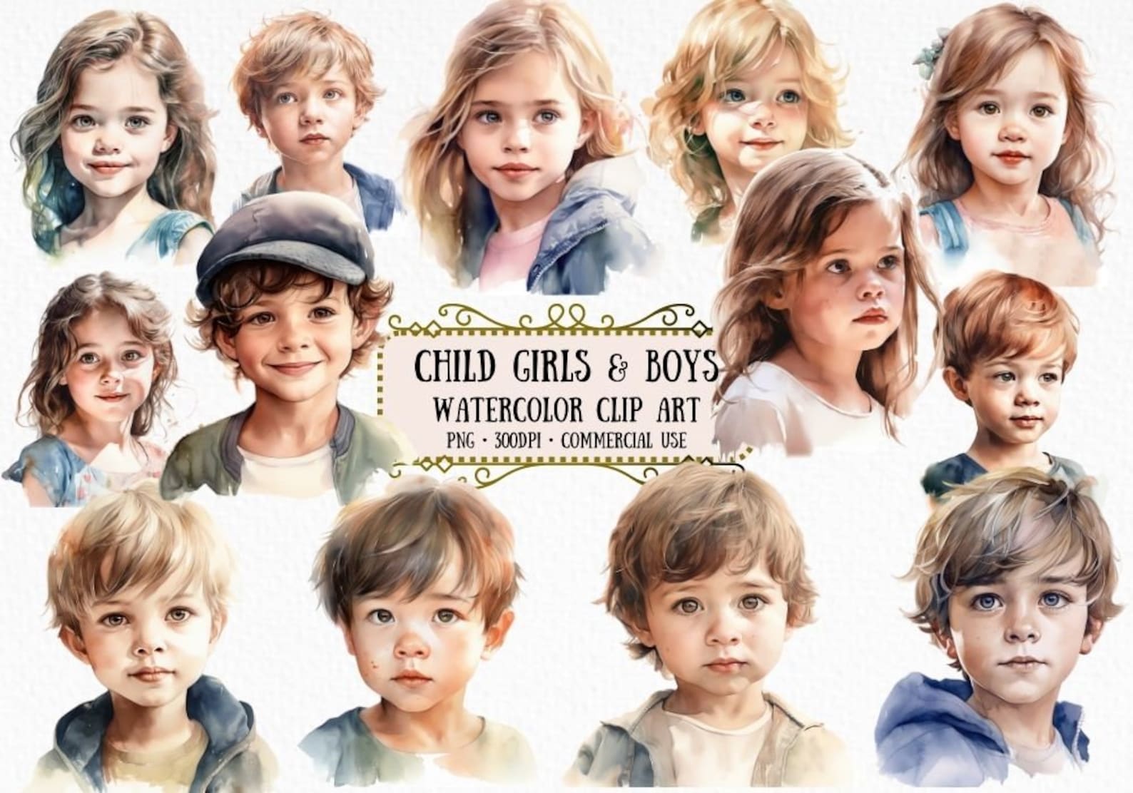 Child Girl and Boys Portrait Watercolor Clip Art 20 PNG Watercolor ...