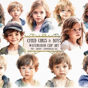 Child Girl and Boys Portrait Watercolor Clip Art 20 PNG - Watercolor ...