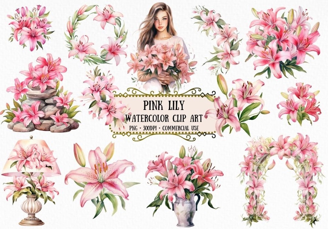 Watercolor Pink Lily Clip Art - 25 PNG Watercolor Flower Images Lilies ...
