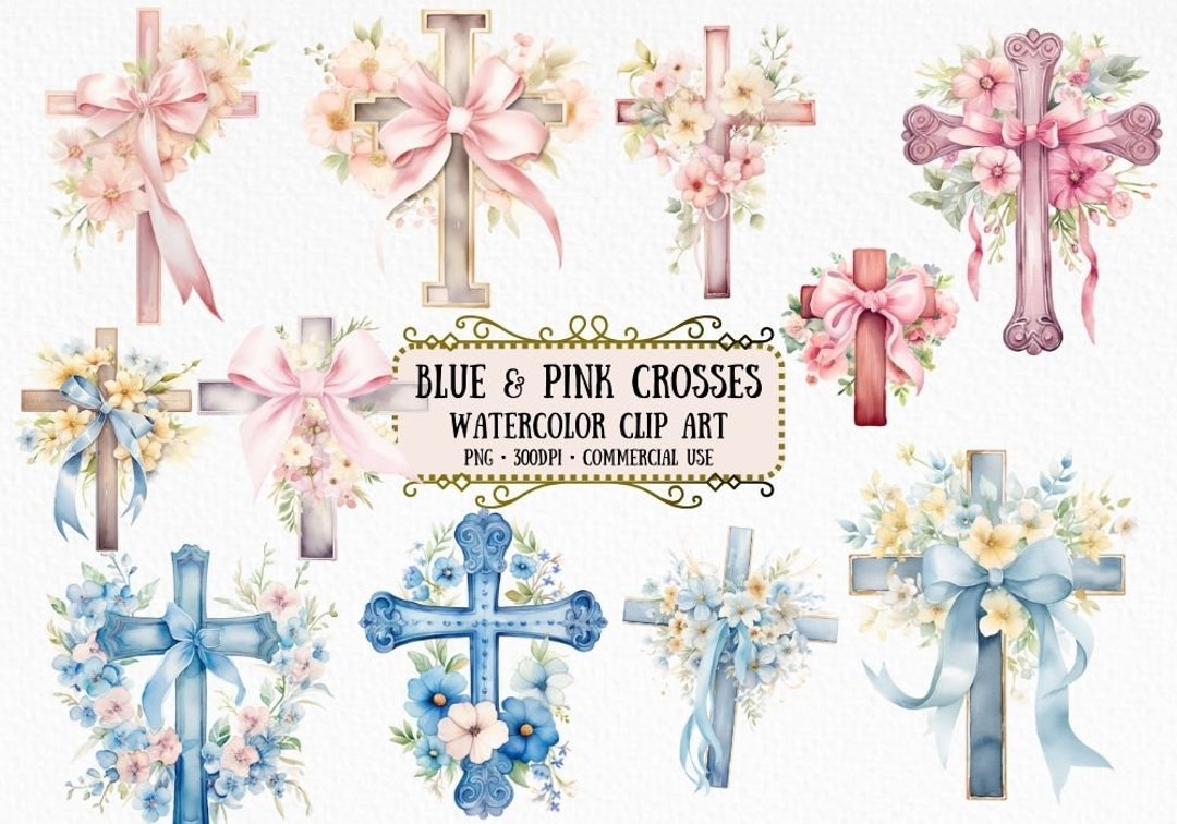 Blue and Pink Baptism Crosses Watercolor Clip Art - Floral Cross ...