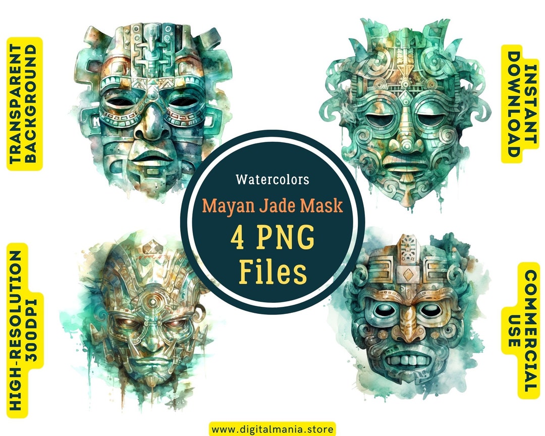 Mayan Jade Mask Watercolor PNG - Transparent Background - Mayan Masks ...