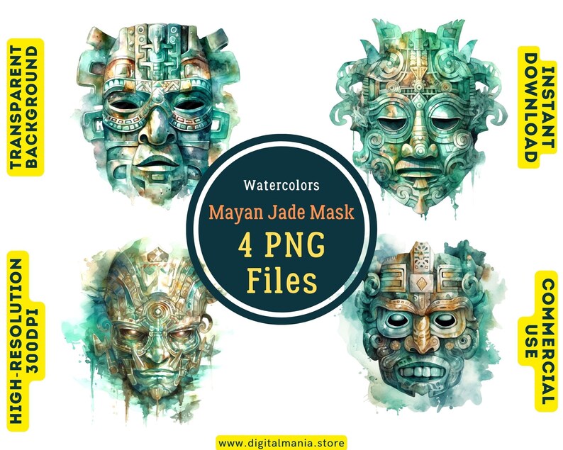 Mayan Jade Mask Watercolor PNG Transparent Background - Etsy