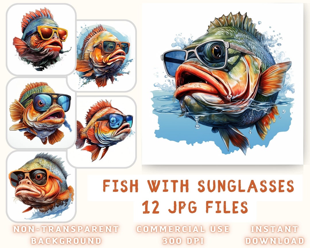 Funny Fish With Sunglasses Watercolor Clipart 12 JPG Fish Clip Art Mix ...