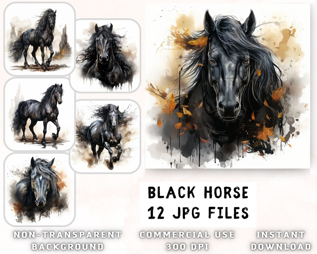 Black Horses Watercolor Clip Art - Premium Quality 12 JPG - for Scrap ...