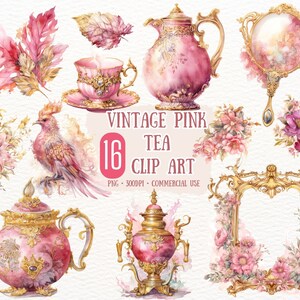 Watercolor Vintage Pink Tea Clip Art - Tea Service PNG - Tea Art PNG ...