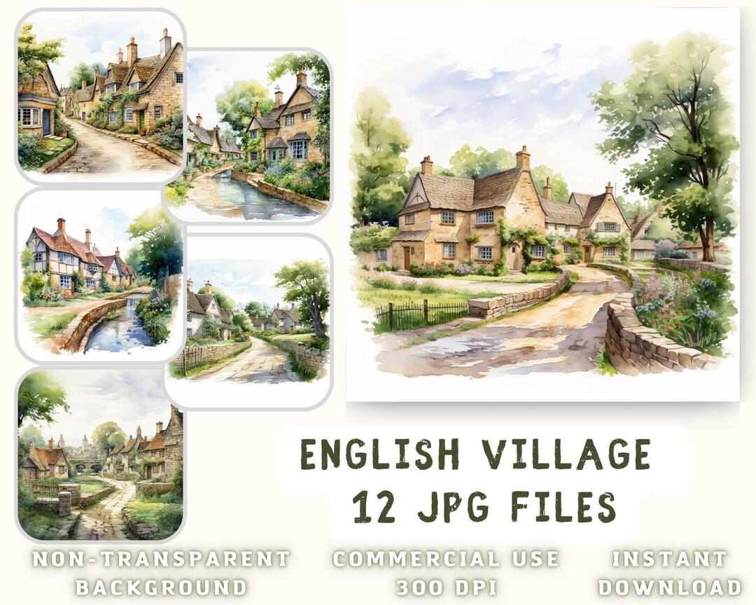 English Village Watercolor Clip Art 12 JPG English Countryside Images ...