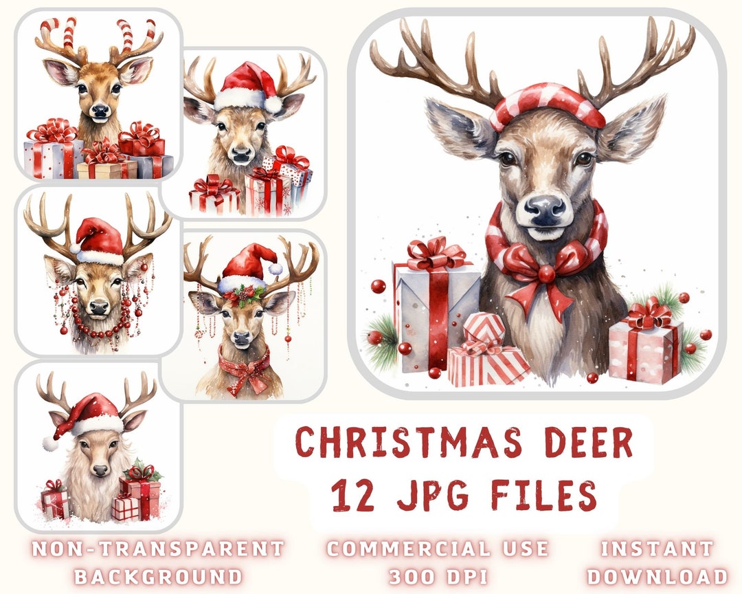 Christmas Reindeer Watercolor Clip Art 12 JPG - Christmas Clipart Deers ...