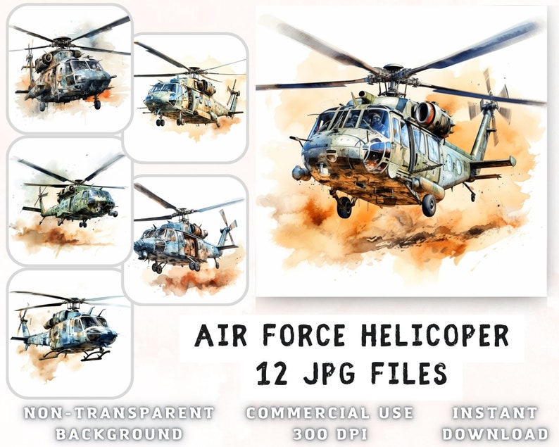 Air Force Helicopter Clipart - Watercolor Helicopter Art - Air Force ...
