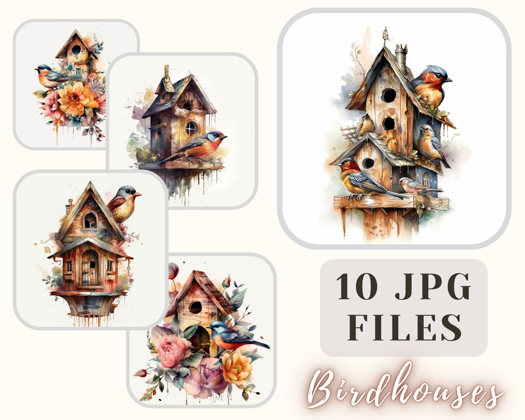 Birdhouse Watercolor Collection 10 JPG Floral Birdhouse Illustration ...