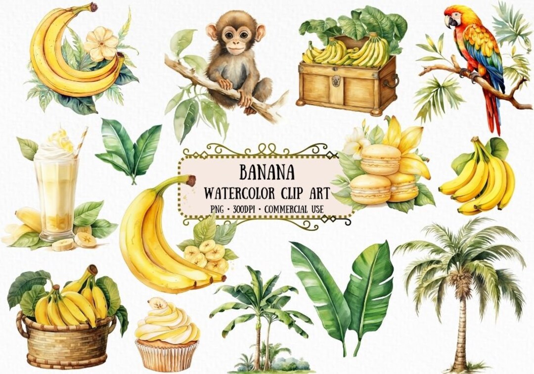 Watercolor Banana Clip Art - 16 PNG Watercolor Fruits Images Banana Art ...
