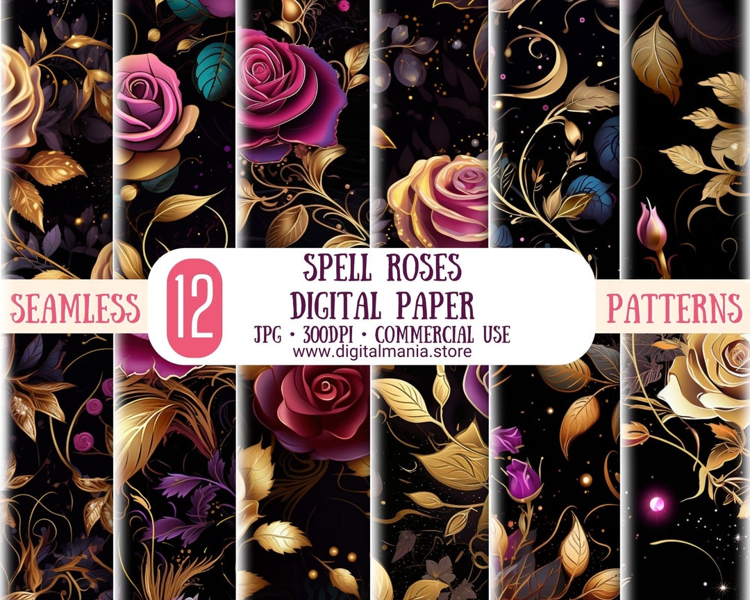 Spell Rose Seamless Digital Paper Gold Roses Digital Paper Notebook ...