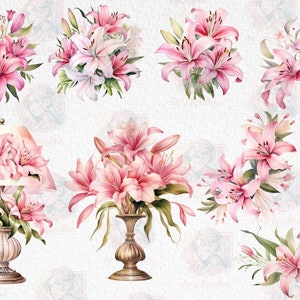 Watercolor Pink Lily Clip Art - 25 PNG Watercolor Flower Images Lilies ...