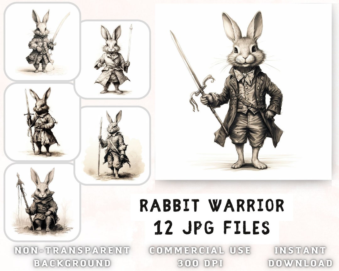 Old Drawing Rabbit Warrior Clipart - Premium Quality 12 JPG - for Scrap ...