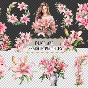 Watercolor Pink Lily Clip Art - 25 PNG Watercolor Flower Images Lilies ...