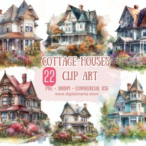 Watercolor Cottage Clipart 22 PNG Houses Illustration Cottages - Etsy